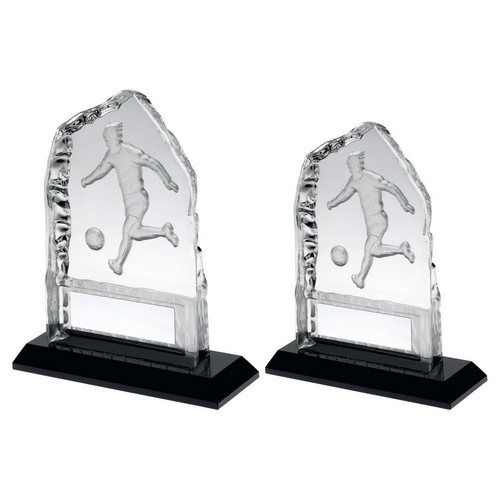 CLEAR GLASS FROSTED FOOTBALL ICEBERG ON BLACK BASE WITH PLATE