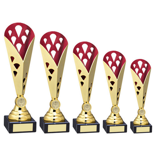 GOLD/RED TALL PLASTIC TRIANGLE TROPHY WITH PLATE (1in CENTRE)